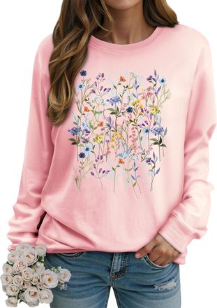 Dresswel Sweatshirt Damen Vintage Inspirierte Botanisches Blumen Druck Rundhals Langarmshirt Baumwolle Pullover Herbst Winter Langarm Oberteile Tops