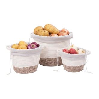 Relaxdays Kartoffel Aufbewahrung, 3er Set, Kartoffelbeutel mit Griff, Baumwolle & Polyester, versch. Gr&ouml;&szlig;en, wei&szlig;/beige