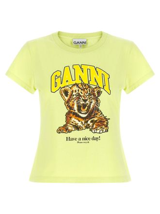 Ganni Tiger-Print Cotton T-Shirt - Yellow