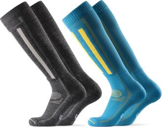 Danish Endurance Merino Performance Skisocken (1|2 Paar), Thermo-Socken, Gepolsterte Kniestrümpfe, für Damen, Herren & Kinder, Mehrfarbig (1xBlau/Gelb, 1xDunkelgrau), 