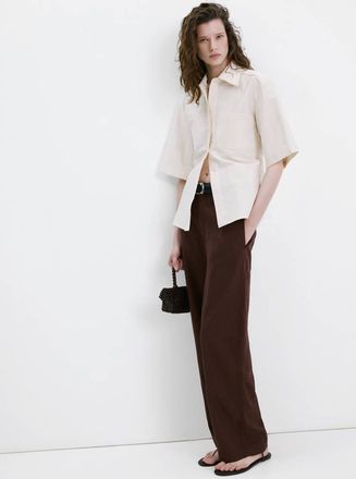 Mango Pantalon en lin taille haute chocolat - Femme - 32 - MANGO