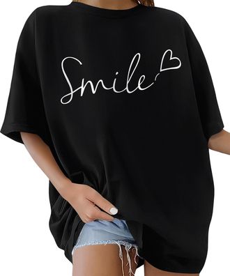 Heekpek T Shirt Damen Oversize Sommer Baumwolle Tshirt Rundhals Locker L&auml;cheln Drucke Kurzarm T-Shirt &Uuml;bergro&szlig;e Casual Basic Top, Schwarz, XXL
