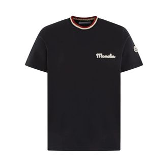 Moncler Homme, Tops, Bleu, Taille: S T-shirt &agrave; logo brod&eacute; en noir