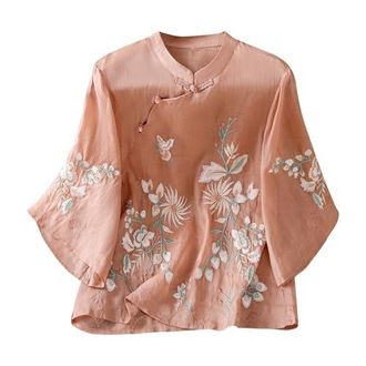 Generic Chemisiers en lin &agrave; manches longues, hauts en coton pour femme, chemises &eacute;l&eacute;gantes de style chinois, chemisiers brod&eacute;s floraux classiques polyvalents 