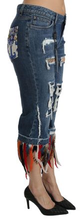 Dolce & Gabbana Womens Blue Feathers Low Waist Cropped Cotton Jeans Silk Elastane Clothing