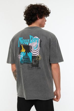 Trendyol MAN Jungen Grau Slogan Kurz Oversize T-Shirts