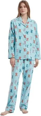 Global Femme Pyjama Flanelle Manches Long Ensembles de Pyjama Coton Chemises de Nuit Bouton Chaleureux Vêtements de Nuit Confortable,Lapin Vert,XS