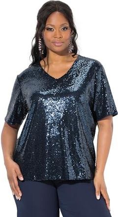 Ulla Popken Femme Grandes Tailles Blouse à Sequins. Décolleté V et Manches Courtes Marine 58+ 836140130-58+