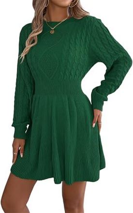 Generic Robes tricot&eacute;es &agrave; la taille courte unie dautomne cintr&eacute;e, col rond en tricot torsad&eacute; &agrave; manches longues robes courtes, Vert, XL