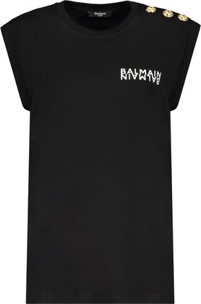 Balmain Femme, Tops, Noir, Taille: 42 FR T-shirt en coton avec logo imprim&eacute;