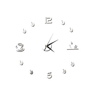 Amosfun DIY Selbstklebende Spiegel Wanduhr im Kaffeetassen-Design Kreative f&uuml;r Wohnzimmer K&uuml;che Kinderzimmer Wasserfest und Ungiftig Silber