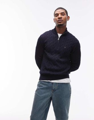 Tommy Hilfiger Pull en maille torsad&eacute;e &agrave; col zipp&eacute; - Bleu marine