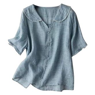 Generic Chemisiers en lin pour femme - Manches courtes - Col en V - Style ethnique - Tunique &agrave; col rabattu - V&ecirc;tements tendance, bleu, XXL