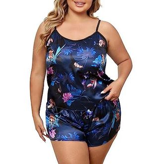 Generic Soie Solide comme la Soie Satin col Rond Bretelles Grande Taille Bretelles Shorts Pyjamas Nuisette Sexy Femme Satin Rose Femme Polaire Chaud (Blue, XX