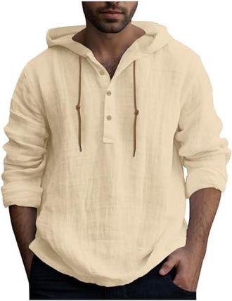 Generico Sweatshirts à capuche pour homme, chemise en lin, chemise à manches longues avec cordon de serrage régulier avec boutons, sweat pour gym et entraîneme