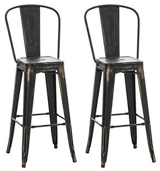 Clp Lot de 2 Tabourets de Bar Design Aiden en M&eacute;tal Robuste I Dossier et Repose-pied I Chaise Haute de Cuisine I Cou, Couleur:noir/or