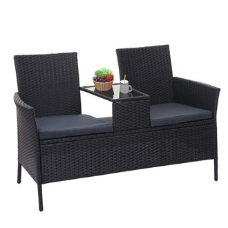 Mendler Poly-Rattan Sitzbank mit Tisch HWC-E24, Gartenbank Sitzgruppe Gartensofa, 132cm - schwarz, Kissen dunkelgrau