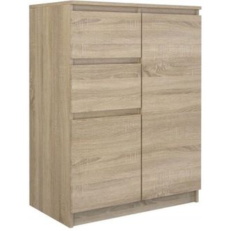Topeshop Topeshop - Commode moderne ch&ecirc;ne sonoma 2 tiroirs 2 portes - Dimensions 70x40x97cm - Corps en panneaux de particules lamin&eacute;s 16mm - Design minimaliste