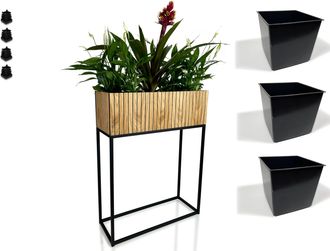 FlexiStyle Pflanzenständer LOFT FIORINO Metall Eiche Holz Lamelle Blumenständer Schwarz Blumentopf mit Beinen Hohe Blumentöpfe Loft Style viele Dimensionen Made 