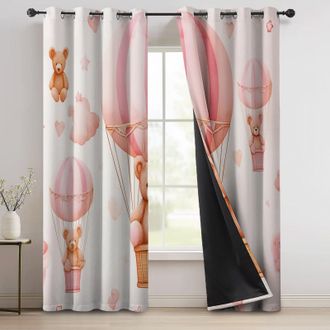 Generic Vorh&auml;nge 100% Blickdichte Vorh&auml;nge H 166 X B 75 cm 2er Set Cartoon B&auml;r Hei&szlig;luftballon Verdunklungsvorh&auml;nge, Gardinen Mit &Ouml;sen, Thermovorhang Rosa F&uuml;r 