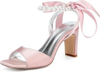 Generic Chaussures De Mariage Femmes Bloc Chunky Mariée Talon Heel Ouvert Bout Hauts Sandales Pearls Décontracté Dress Chaussures 8Cm,Bean Paste,37 EU