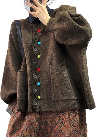 Generic Cardigan d&eacute;contract&eacute; en tricot ample surdimensionn&eacute; pour femme avec boutons color&eacute;s et manches bouffantes, caf&eacute;, XXL