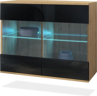 Vladon Kommode Bari V3, Moderner K&uuml;chenschrank mit 2 gro&szlig;en Glast&uuml;ren inkl. RGB Beleuchtung Eiche Evoke/Schwarz Hochglanz (92,5 x 73.5 x 35)