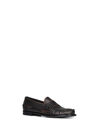 Prada Mens Loafers Antiqued Leather Black-Tan Calf