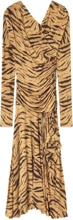 Ganni Femme, Robes, Brun, Taille: 38 FR Robe Longue Manches Longues Imprim&eacute; Tigre Fronc&eacute;e