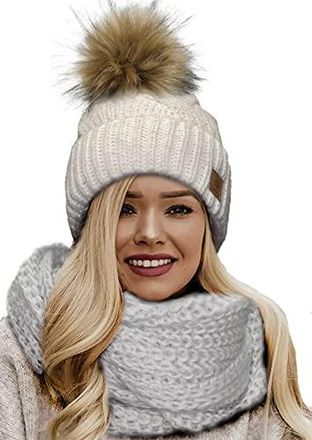 4sold Femme Set Bonnet et &eacute;charpe Mohair dhiver Wool Chapeau Hat Grande Faux Pom Pom Bonnet dhiver Chaud Doublure Polaire - Set Birma Ecru
