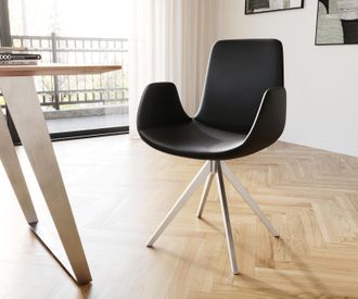 DELIFE Esszimmerstuhl Ilia-Flex mit Armlehnen Echt-Leder Schwarz Kreuzgestell kantig Edelstahl, Esszimmerstühle