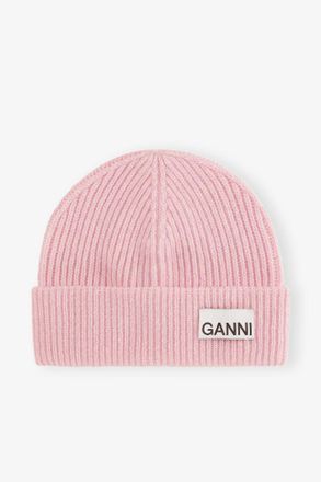 Ganni Bonnet Light Rose Fitted Rib Knit Wool Mauve Chalk