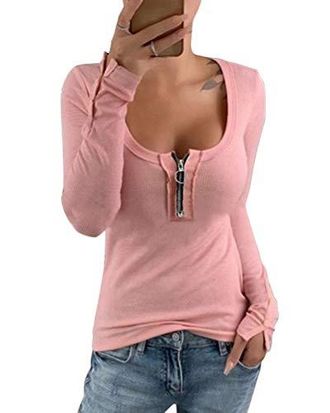 ORANDESIGNE Femmes Tee-Shirt Sexy Haut Épaules Dénudées Tops Moulante Dentelle Manches Longues Mode Shirt B Rose B Rose