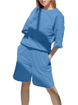 Generic Tenue d&eacute;t&eacute; 2 pi&egrave;ces pour femme, coupe d&eacute;contract&eacute;e, haut &agrave; manches courtes et short &eacute;lastique &agrave; taille haute avec poches, bleu, taille XL pour un usag