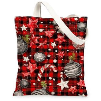 Generic Sacs fourre-tout en toile à carreaux festifs, sacs dépicerie réutilisables, légers et lavables avec bandoulière pour le shopping, les voyages, 33 x 38