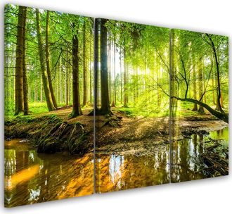 Feeby 3-teilig Vlies Leinwandbild 90x60 cm Natur Wald B&auml;ume Wanddeko Design Kunstdruck Zimmerdeko Bilderwand Bach Strahlen der Sonne Wurzeln Gr&uuml;n