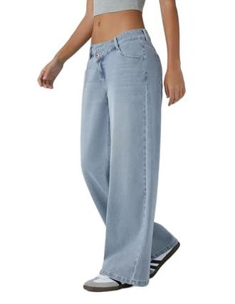 Generic &Eacute;l&eacute;gant jean baggy taille haute pour femme avec poches larges en denim d&eacute;lav&eacute; pour un ajustement confortable, bleu clair, XXS