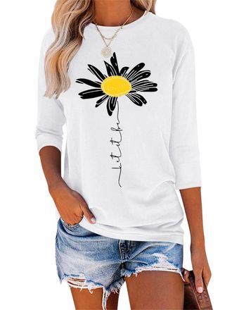 TOMWELL T-Shirt Damen 3/4 Arm Shirt Rundhals Grafik Druck Tshirt Sommer Leichte Pullover Oberteile A Wei&szlig; L