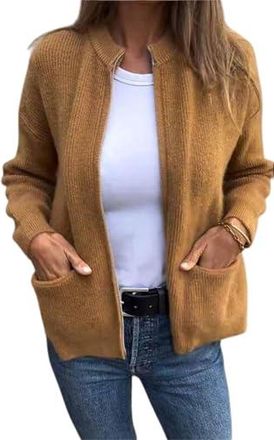 Generic Veste tricotée à col rond et fermeture éclair pour femme, pull cardigan dautomne et dhiver à manches longues décontracté avec poches, jaune, 5XL