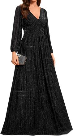 Ever-pretty Kleid Elegant Damen Festlich Lang Langarm Ballkleid Maxi Hell Abendkleider Elegant für Hochzeit A Line Schwarz 58