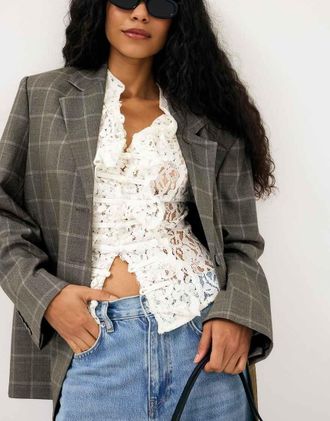 NA-KD Alex Maxi Oversize-Blazer mit Karomuster in Braun