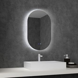 Kleankin Miroir Salle de Bain Mural, Miroir de Salle de Bain Ovale LED 80 x 50 cm - antibuée, Couleurs, luminosité réglable Interrupteur Tactile décor Acryliqu