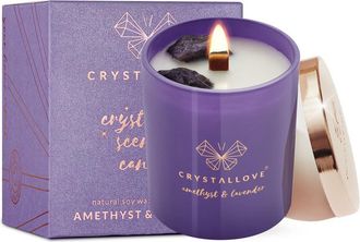Crystallove Duftkerze im Glas - Nat&uuml;rliche Soja-Kerze mit Amethyst und Lavendel - Candle - Geschenk Kerze - 220g - lang anhaltende Kerze f&uuml;r Zuhause - Blumenduft
