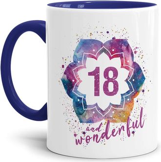 Tassendruck Geburtstags-Tasse 18 and Wonderful Geburtstags-Geschenk zum 18. Geburtstag als Geschenkidee für die Frau/Abstrakt/Bunt/Kaffeetasse/Innen & Henkel Dunk