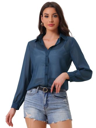 Allegra K Damen Bluse Langarm Mesh Tops Knopfleiste Durchsichtiges Elegant Oberteile Dunkelblau S