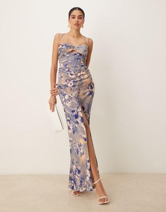Asos Gerafftes Maxikleid mit Korsettdetail, Rüschenrock, Trägerdetails und blauem Blumenmuster-Bunt