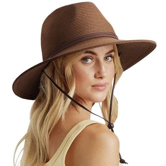 Dreshow Damen Panama Hut Sommer Breiter Krempe Stroh Fedora Sommerhut Strandhut UV Sonnenhut mit Kinnriemen Verstellbare Strohhut UPF 50 +