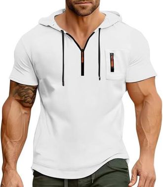 Generic T-shirt pour homme - Avec capuche - Manches courtes - Avec poches - Cordon de serrage - Pour l&eacute;t&eacute; - Court - Couleur unie - Sport - T-shirt personnalis