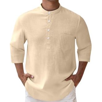 Generic Chemise pour homme &agrave; manches 3/4, col montant, boutonn&eacute;e, d&eacute;contract&eacute;e, avec poche avant, chemise respirante et l&eacute;g&egrave;re pour lext&eacute;rieur, la plage, prin