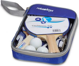 Relaxdays Tischtennis-Set Tasche, 2 Holzkellen, 3 Tischtennisb&auml;lle, Ping Pong Netz HxBxT: ca. 14 x 150 x 1,7 cm, blau